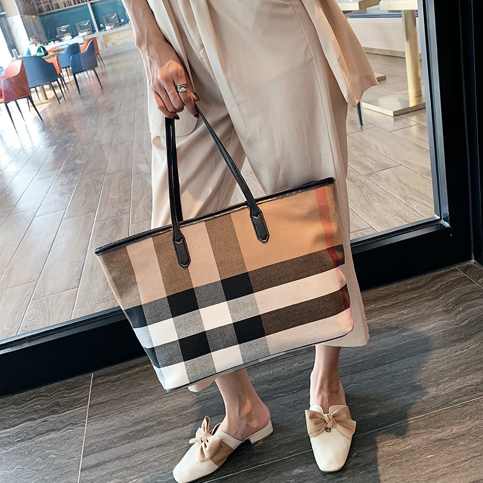 Waiyqju Plaid Canvas Women's Tote Aag Large Capacity Fashion Spacious Satchel Leisure Beach Bag (black)