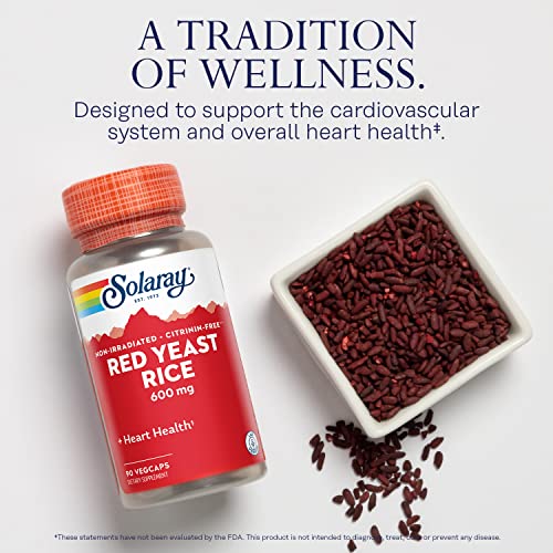 SOLARAY Red Yeast Rice, Healthy Heart & Cardiovascular Support, Non-Irradiated & Citrinin-Free, 60 Day Money-Back Guarantee, 90 Servings, 90 VegCaps