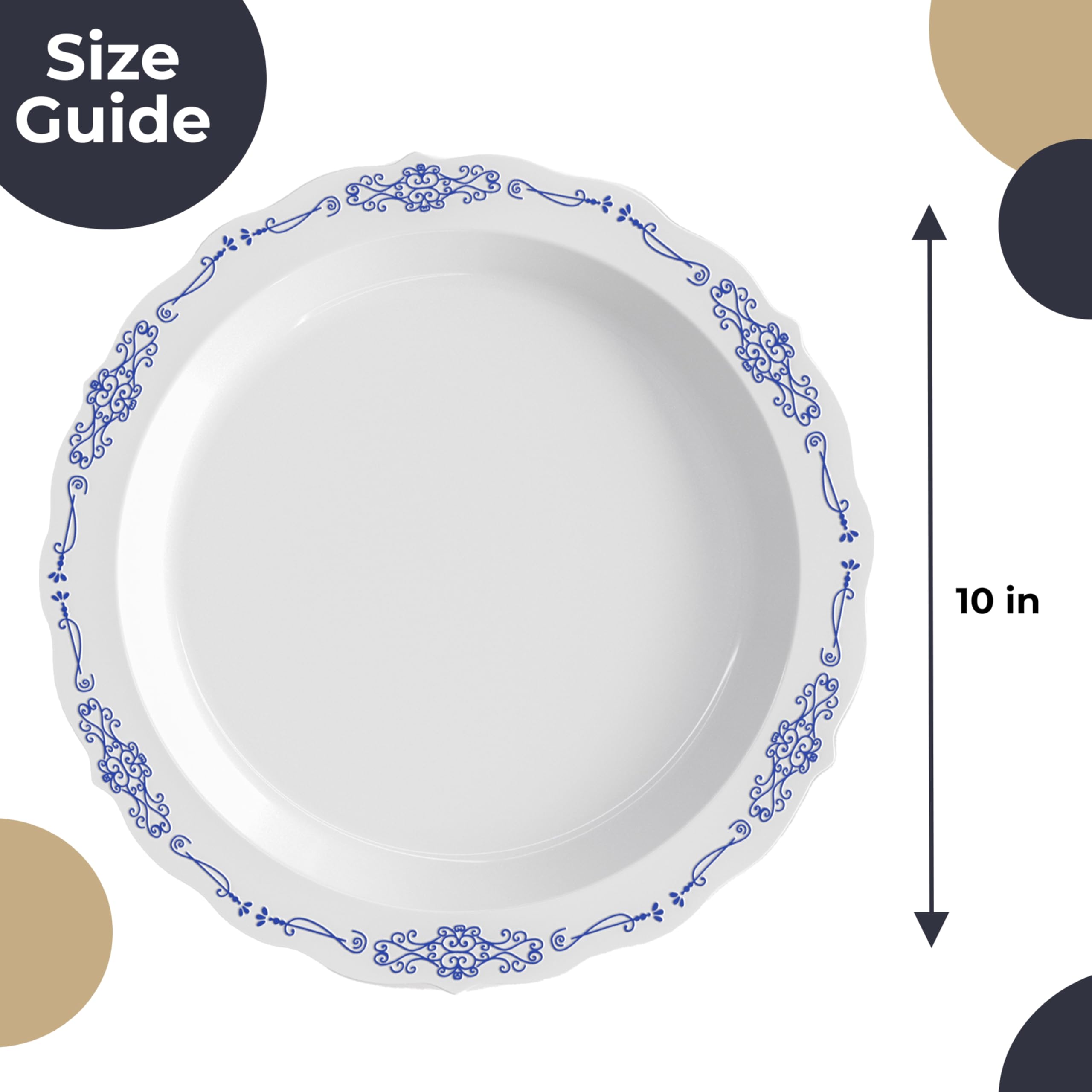 Exquisite Victorian Plastic Plates 60 Piece Plastic Disposable Plates for Party Set For 60 Guests 60 x 10 inch Plastic Dessert Plates Plastic Plates Disposable Heavy Duty White & Navy
