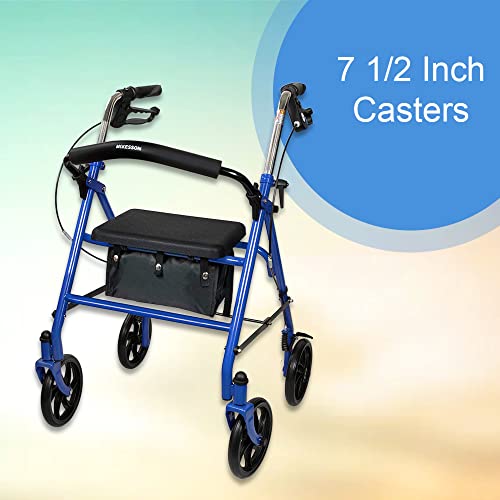 McKesson Rollator Walker with Seat and Wheels, Steel, 300 lbs Weight Capacity, Blue, 1 Count