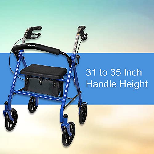McKesson Rollator Walker with Seat and Wheels, Steel, 300 lbs Weight Capacity, Blue, 1 Count