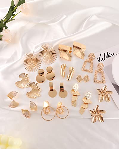CASDAN 12 Pairs Gold Geometric Earrings Exaggerated Statement Earrings for Women Punk Stylish Sectored Twisted Ginkgo Leaf Earrings Jewerly Gift