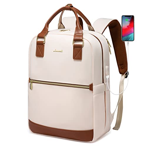 LOVEVOOK Laptop Backpack for Women, 15.6 inch Laptop Bag with USB Port, Fashion Work Business backpack purse, Travel Professor Nurse Computer Bagpack, Waterproof Hiking Daypack, Beige-Brown