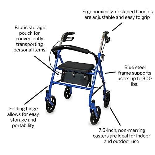 McKesson Rollator Walker with Seat and Wheels, Steel, 300 lbs Weight Capacity, Blue, 1 Count