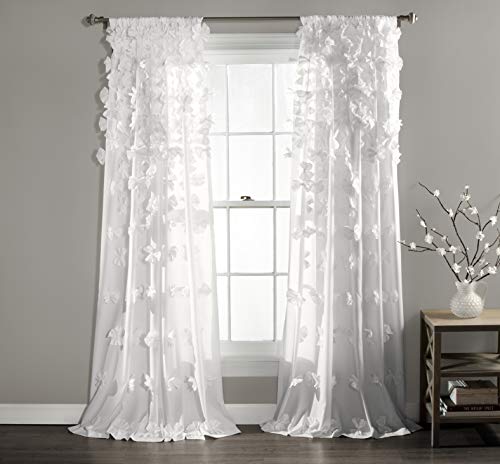 Lush Decor Riley Window Curtain Sheer Ruffled Textured Bow Window Panel for Living, Dining Room, Bedroom (Single), 54"W x 84"L, White