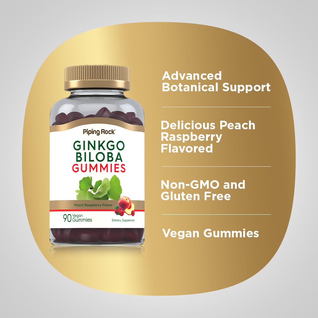 Piping Rock Ginkgo Biloba Supplements | 90 Gummies | Peach Raspberry Flavor | Vegan, Non-GMO, Gluten Free Extract