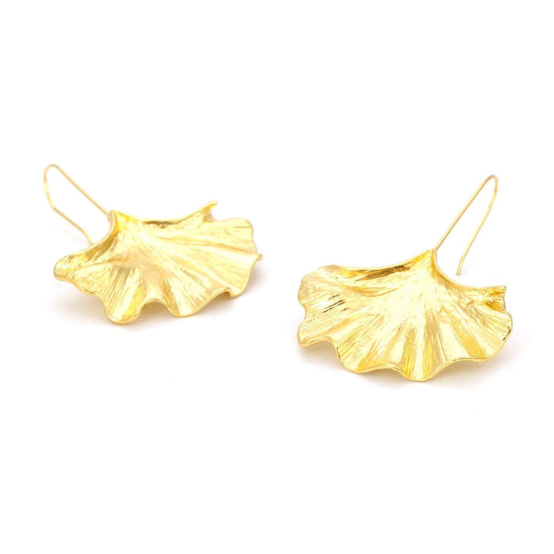 LOK68 Golden Ginkgo Leaf Earrings - Adorable Plant Leaf Dangle Earrings in Shiny Gold