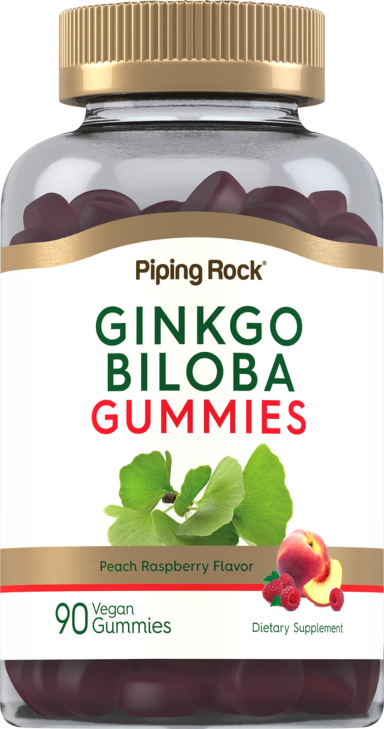 Piping Rock Ginkgo Biloba Supplements | 90 Gummies | Peach Raspberry Flavor | Vegan, Non-GMO, Gluten Free Extract