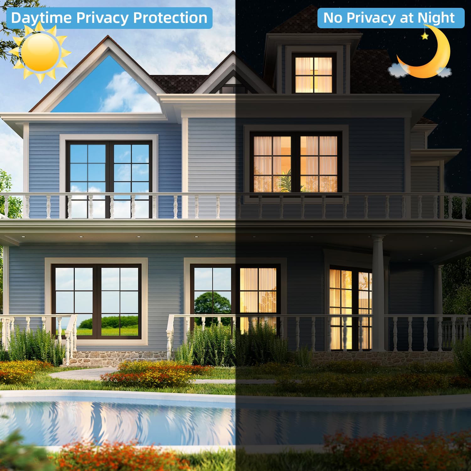 One Way Privacy Window Film Sun Blocking, Heat Blocking Window Tint for Home See Out But Not in, Static Cling & Anti UV, Black-Silver,17.5 Inch x 78.74 Inch