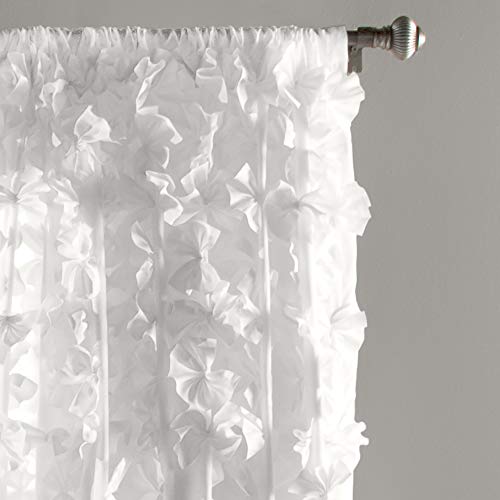 Lush Decor Riley Window Curtain Sheer Ruffled Textured Bow Window Panel for Living, Dining Room, Bedroom (Single), 54"W x 84"L, White