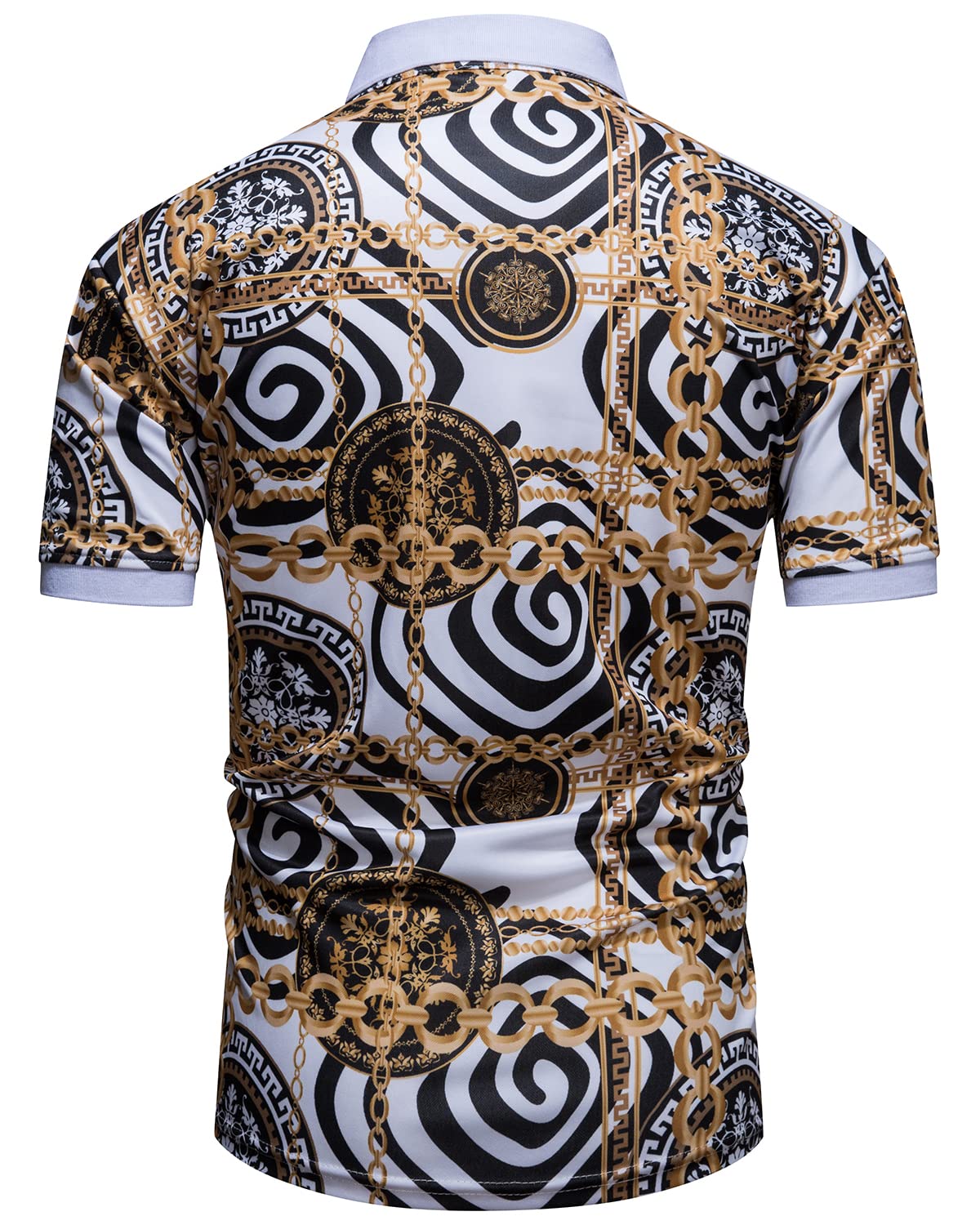 fohemr Mens Luxury Polo Shirts Gold Short Sleeve Baroque Chain Print Casual Golf Wicking T-Shirt White X-Large