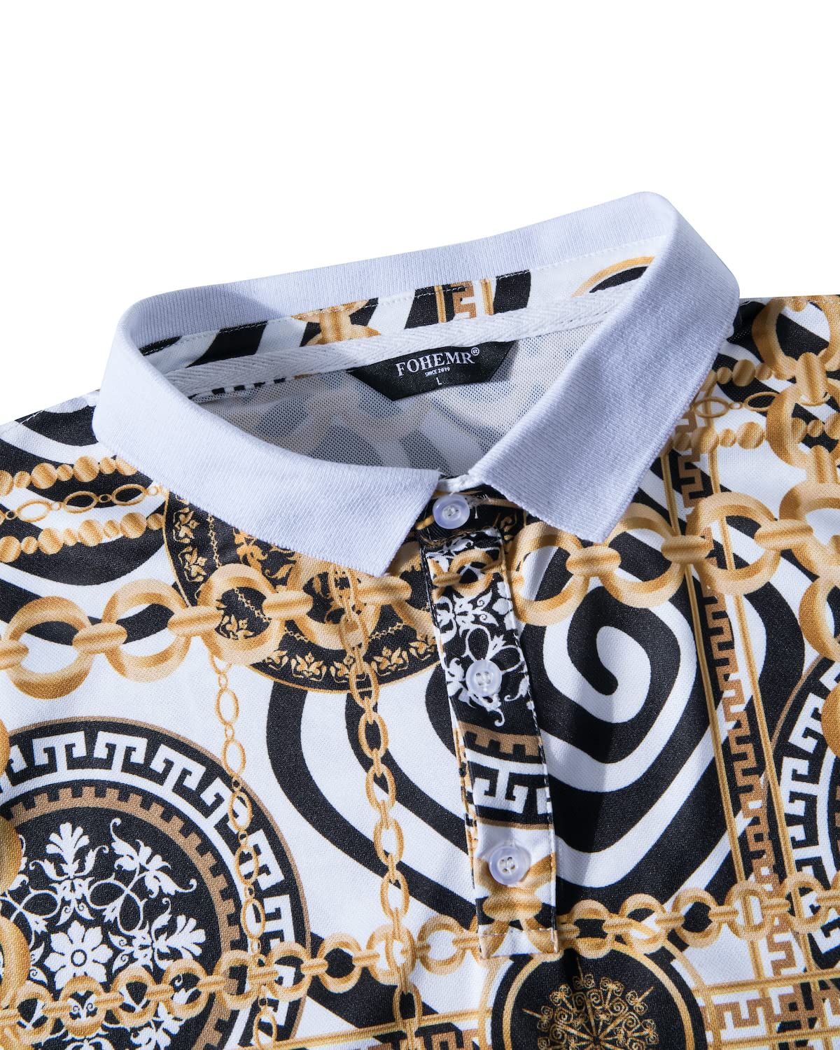 fohemr Mens Luxury Polo Shirts Gold Short Sleeve Baroque Chain Print Casual Golf Wicking T-Shirt White X-Large
