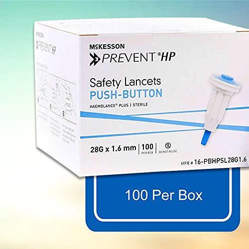 McKesson Prevent HP Safety Lancets, Sterile, Push-Button, 28 Gauge, 1.6 mm, 100 Count, 1 Pack