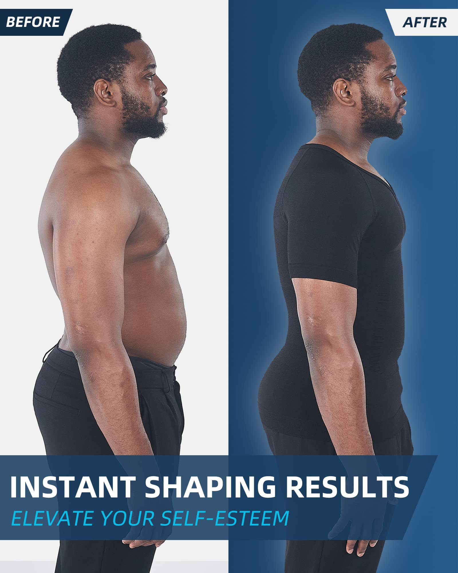 KOCLES Gynecomastia Compression Shirts for Men, Shapewear Slimming Body Shaper Undershirt, V-Neck Baselayer T-Shirt for Workout Sports, Fajas para Hombres (Black, X-Large)