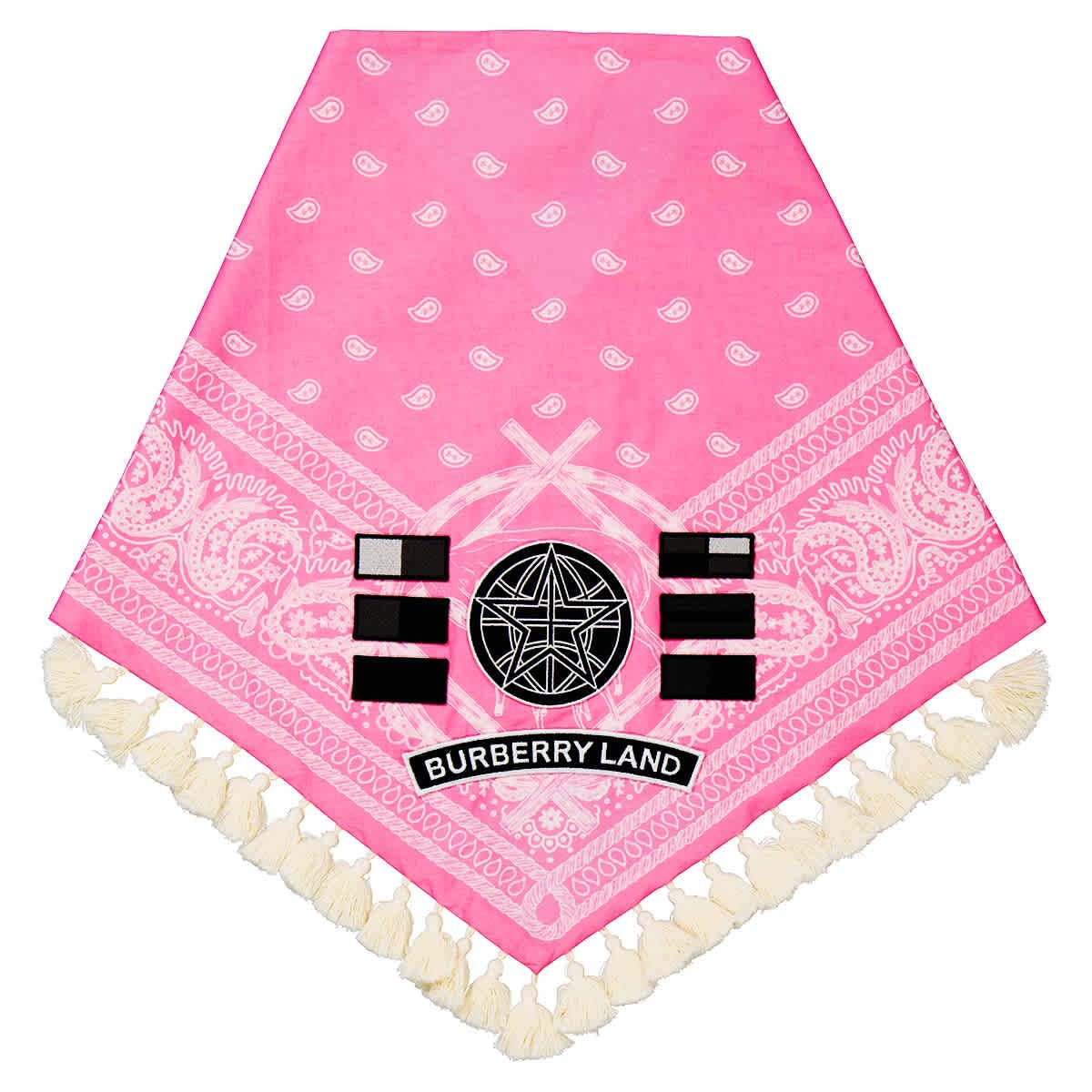 BURBERRY Candy Pink Badge Applique Tassel Cotton Bandana Scarf