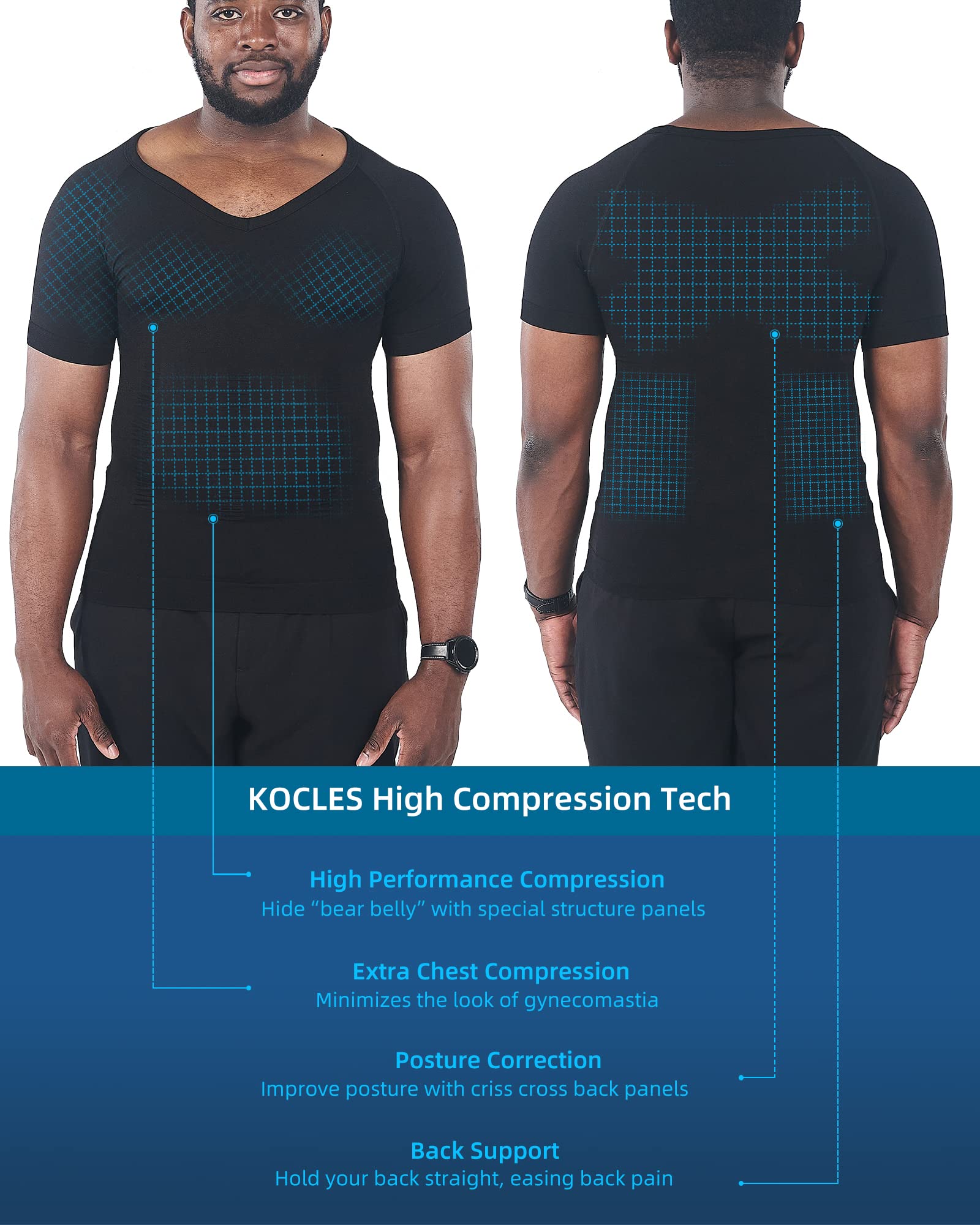 KOCLES Gynecomastia Compression Shirts for Men, Shapewear Slimming Body Shaper Undershirt, V-Neck Baselayer T-Shirt for Workout Sports, Fajas para Hombres (Black, X-Large)
