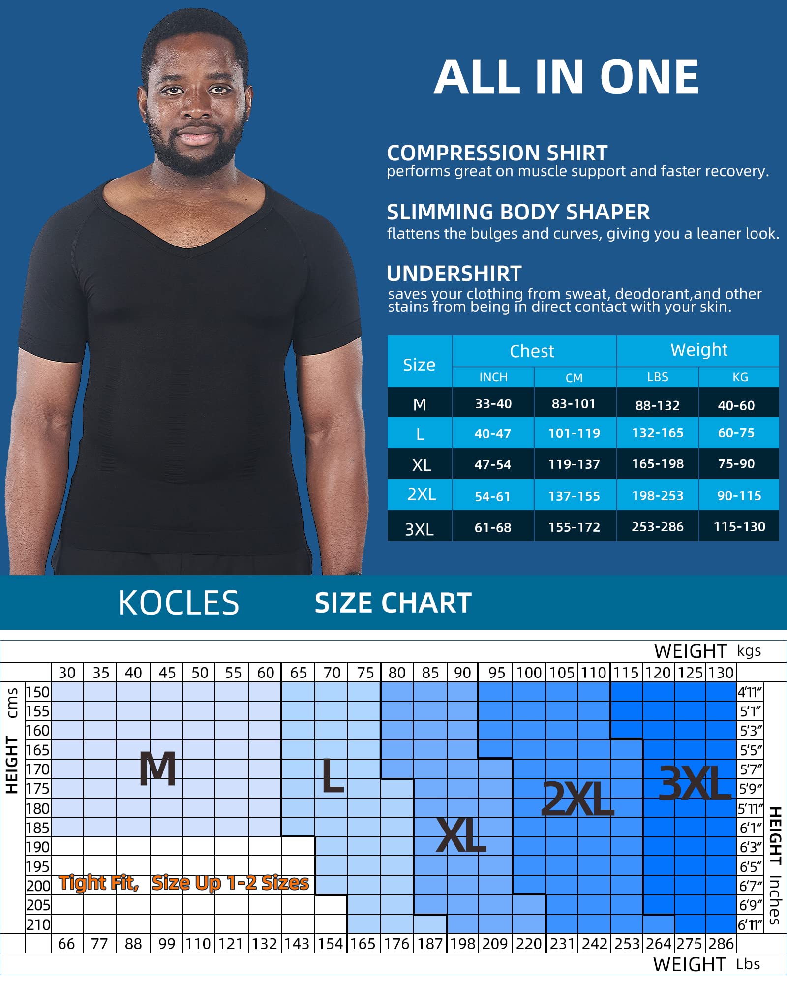 KOCLES Gynecomastia Compression Shirts for Men, Shapewear Slimming Body Shaper Undershirt, V-Neck Baselayer T-Shirt for Workout Sports, Fajas para Hombres (Black, X-Large)