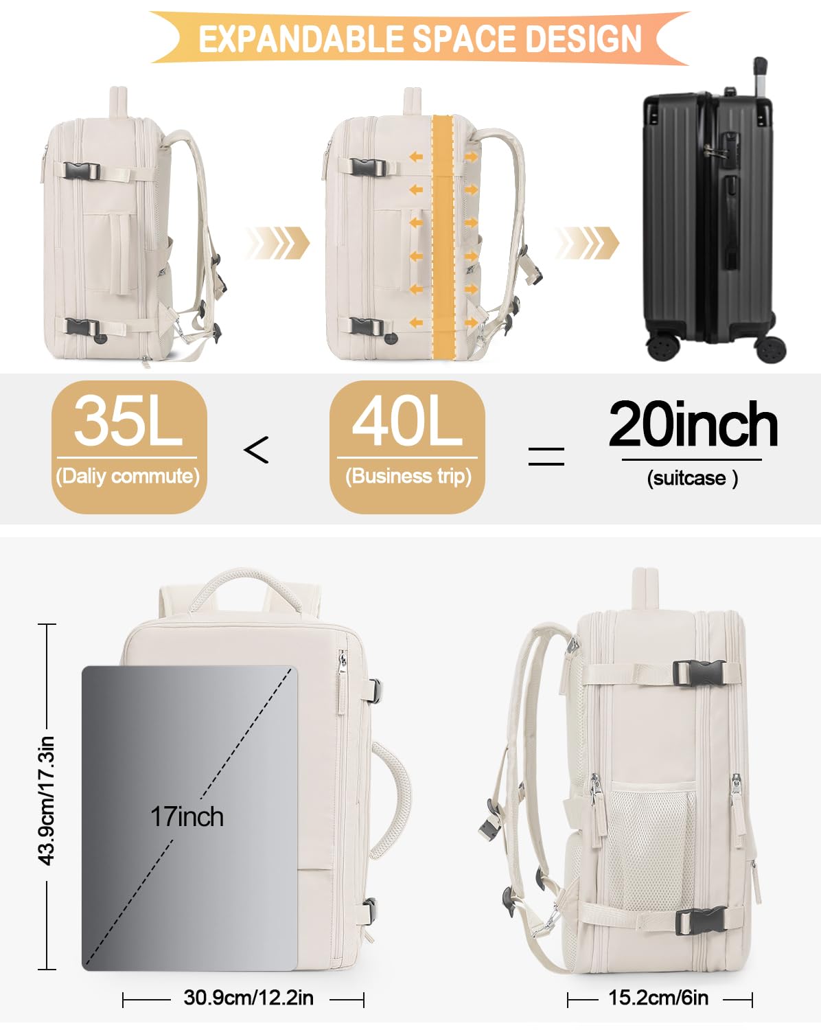 Getravel Travel Backpack For Women, Airline Approved Personal Item Bag, Carry On Backpack,17 Inch Laptop School Backpack, Waterproof Casual Overnight Bag, Hiking Backpack (Beige)