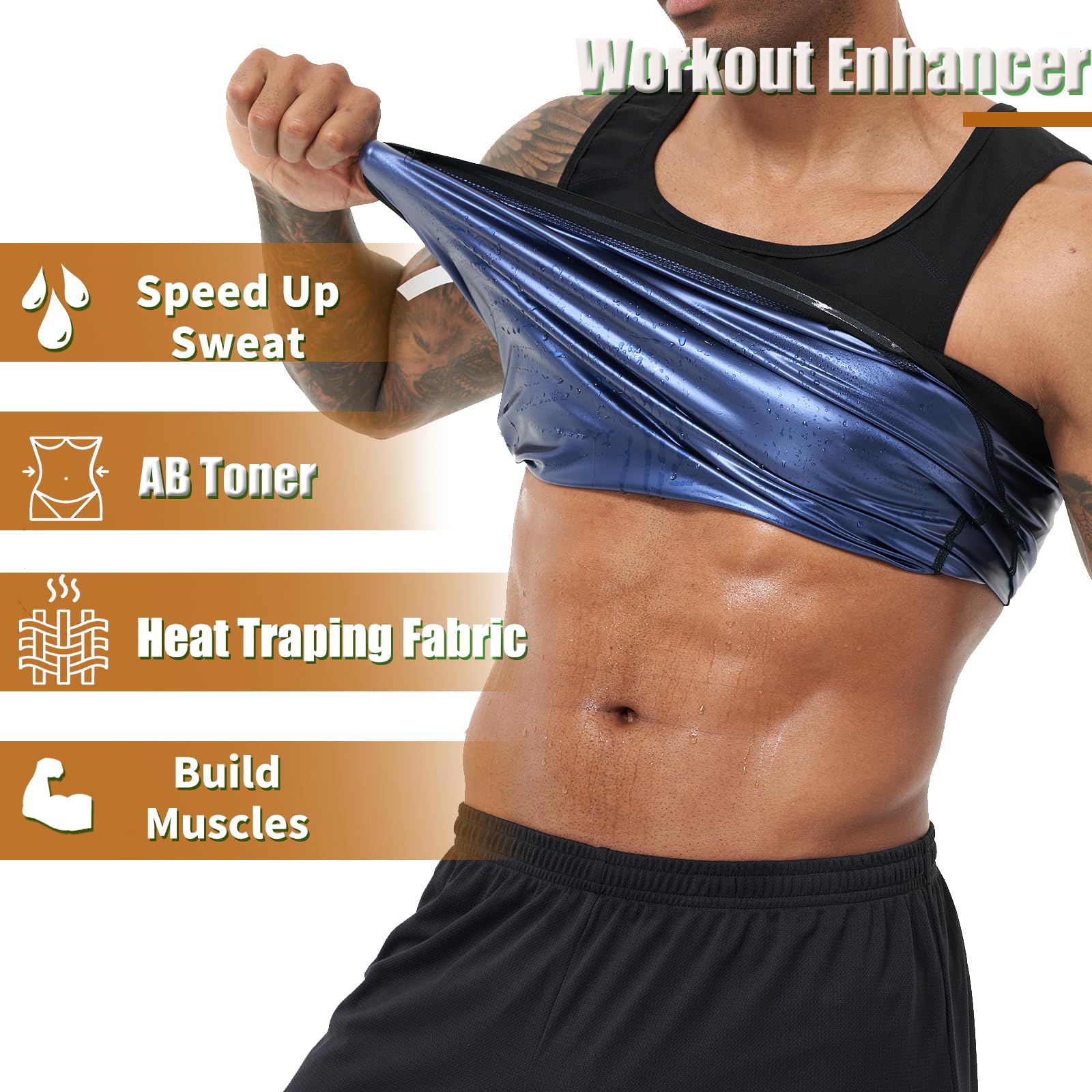 BODYSUNER Sauna Vest Sweat Workout Tank Top Waist Trainer for Men Compression Workout Enhancing Vest Blue,S/M