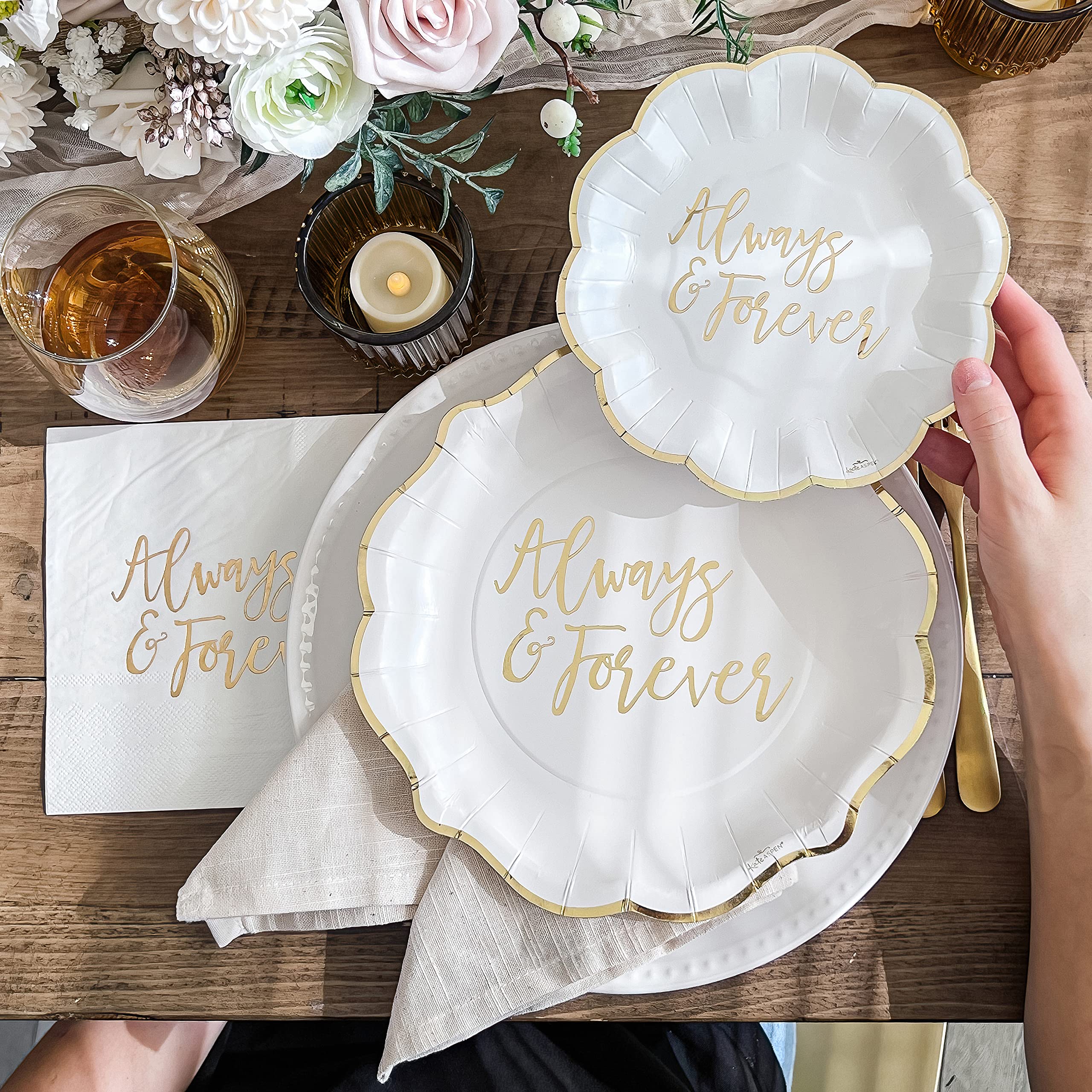 Kate Aspen Always & Forever 72 Piece Classic & Elegant Paper Party Tableware Set (24 Guests), Party Supplies, Wedding Decor for Bridal Showers, Engagements and Receptions