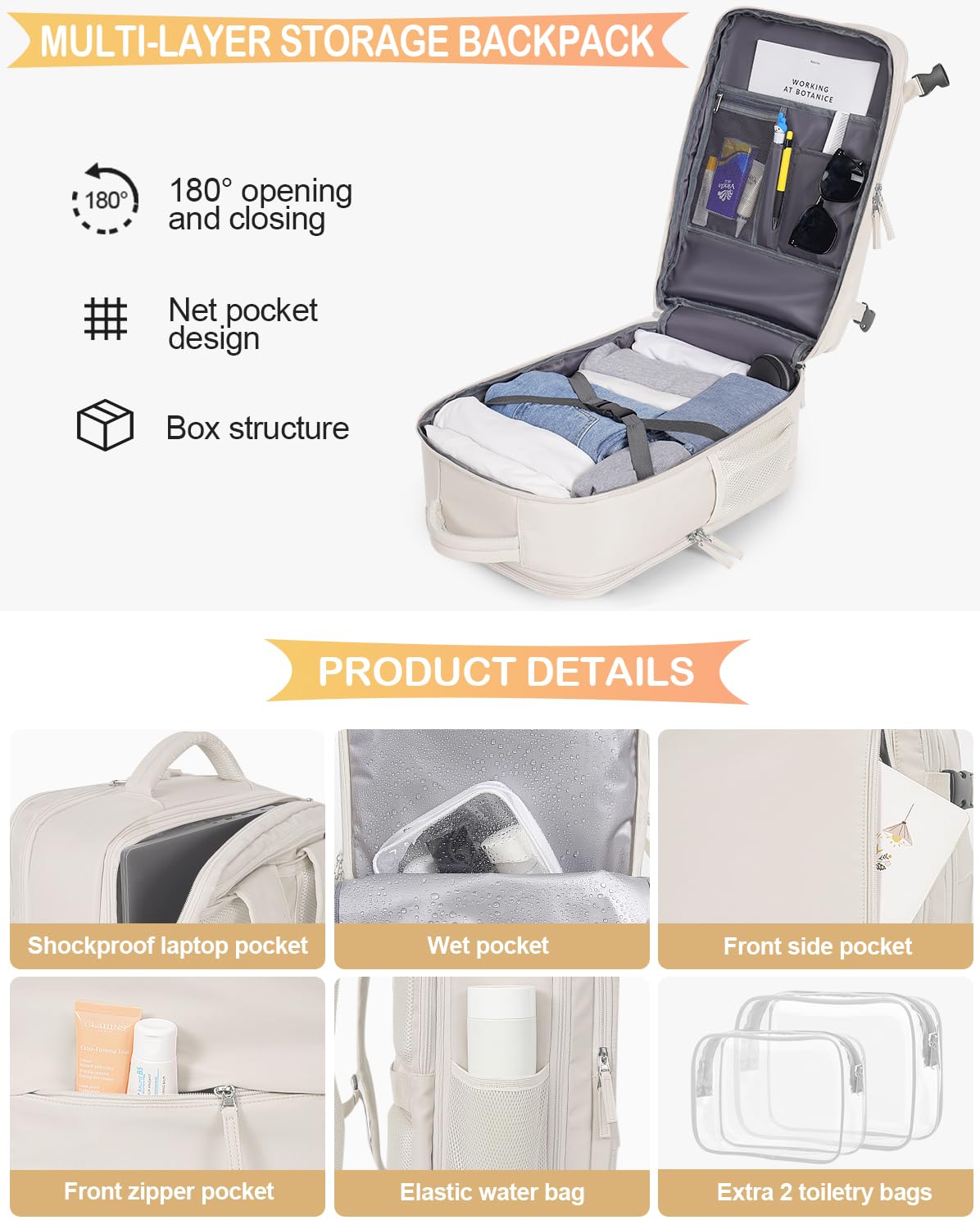 Getravel Travel Backpack For Women, Airline Approved Personal Item Bag, Carry On Backpack,17 Inch Laptop School Backpack, Waterproof Casual Overnight Bag, Hiking Backpack (Beige)