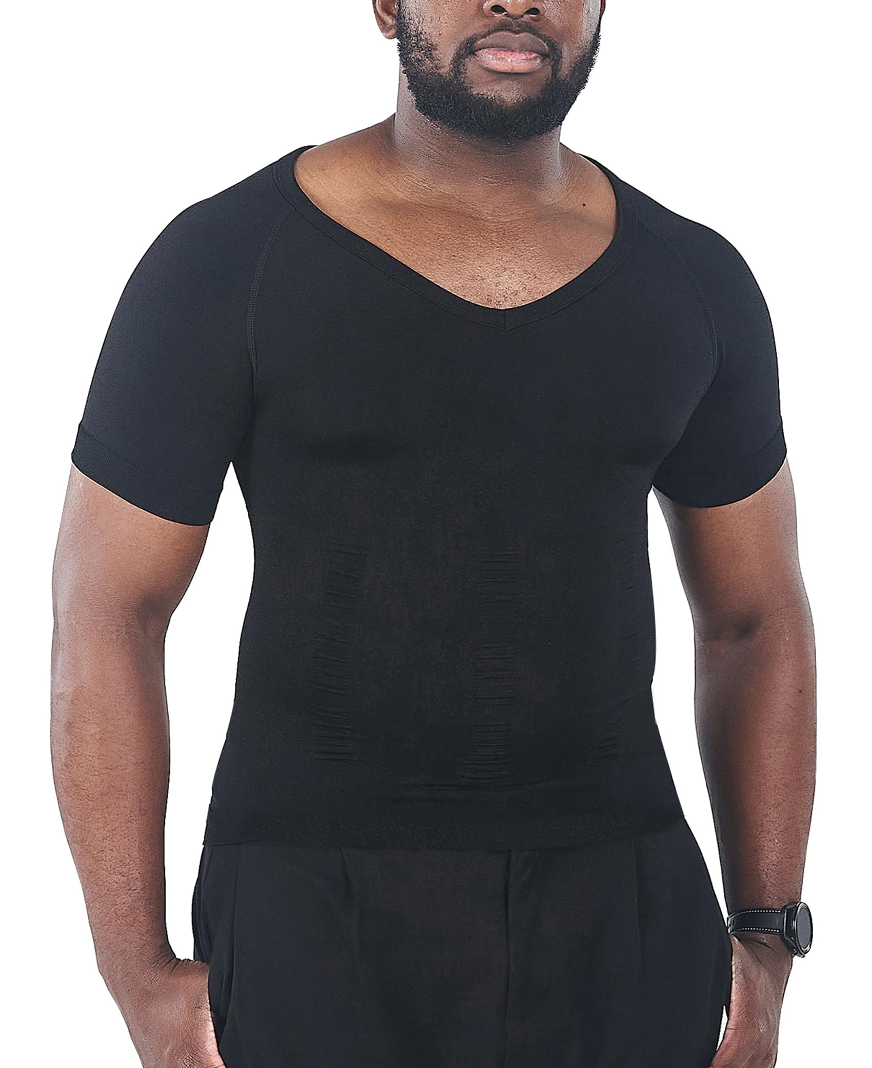 KOCLES Gynecomastia Compression Shirts for Men, Shapewear Slimming Body Shaper Undershirt, V-Neck Baselayer T-Shirt for Workout Sports, Fajas para Hombres (Black, X-Large)