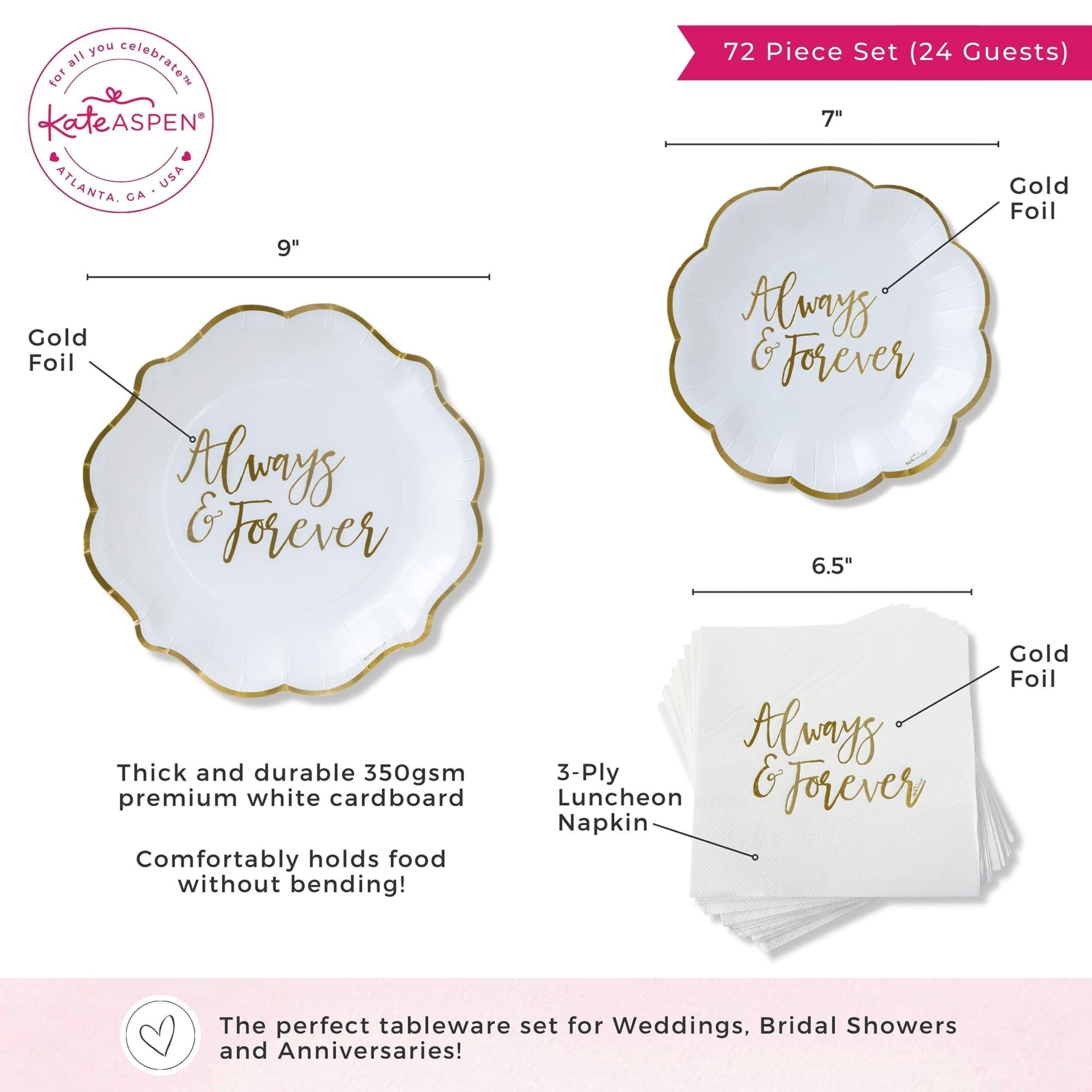 Kate Aspen Always & Forever 72 Piece Classic & Elegant Paper Party Tableware Set (24 Guests), Party Supplies, Wedding Decor for Bridal Showers, Engagements and Receptions