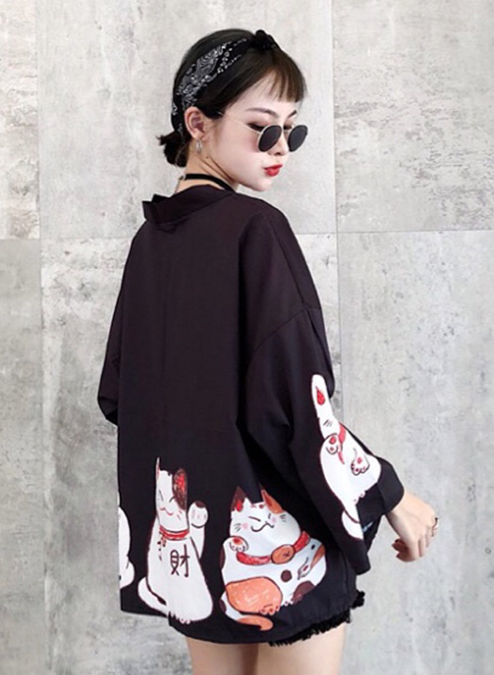 LAI MENG FIVE CATS Women's Lucky Cat Cardigan Kimono Loose Cover up Casual Blouse Cute Tops