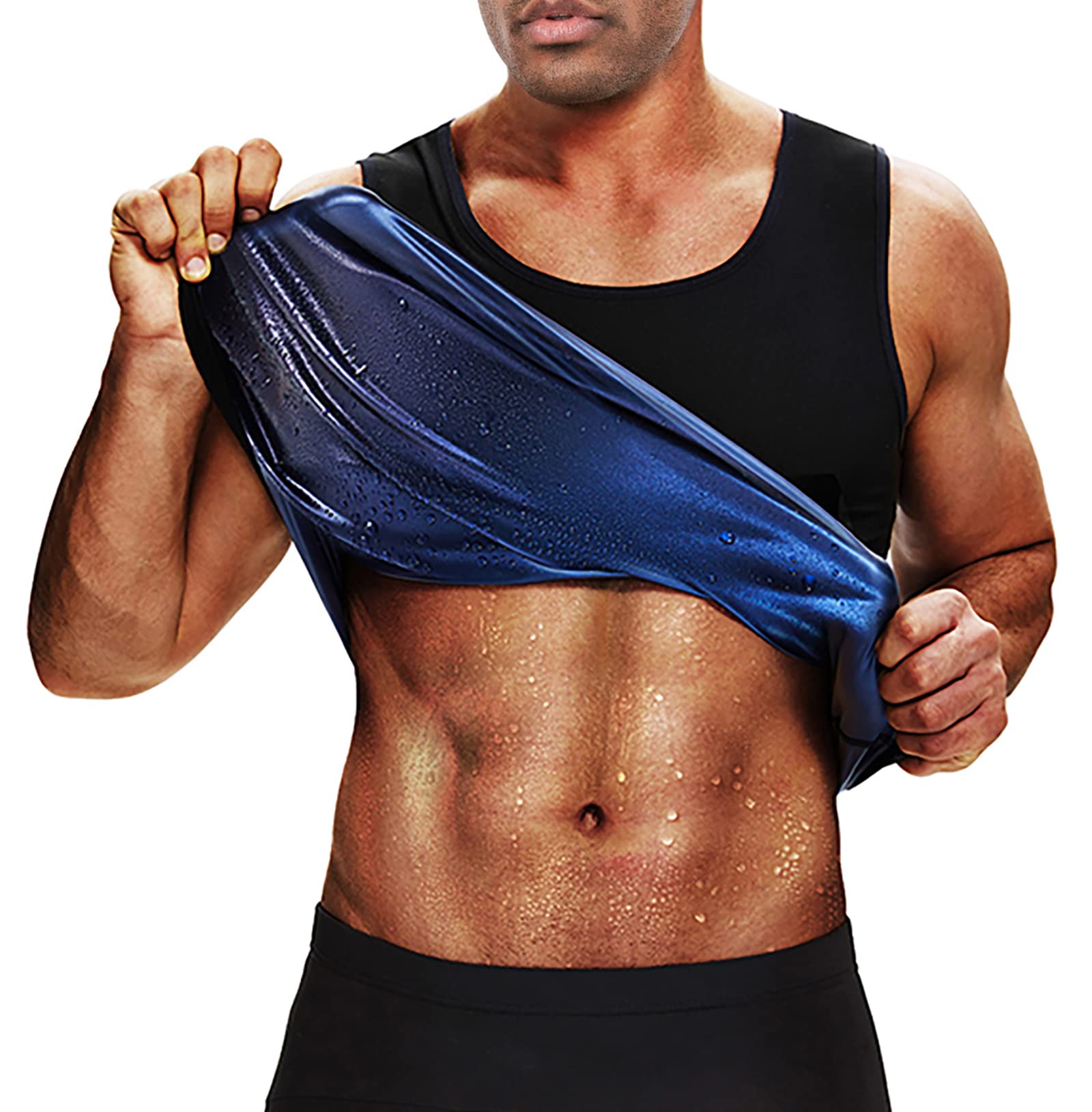 BODYSUNER Sauna Vest Sweat Workout Tank Top Waist Trainer for Men Compression Workout Enhancing Vest Blue,S/M