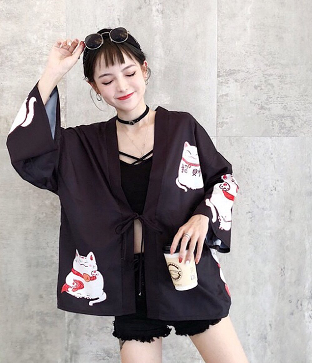 LAI MENG FIVE CATS Women's Lucky Cat Cardigan Kimono Loose Cover up Casual Blouse Cute Tops