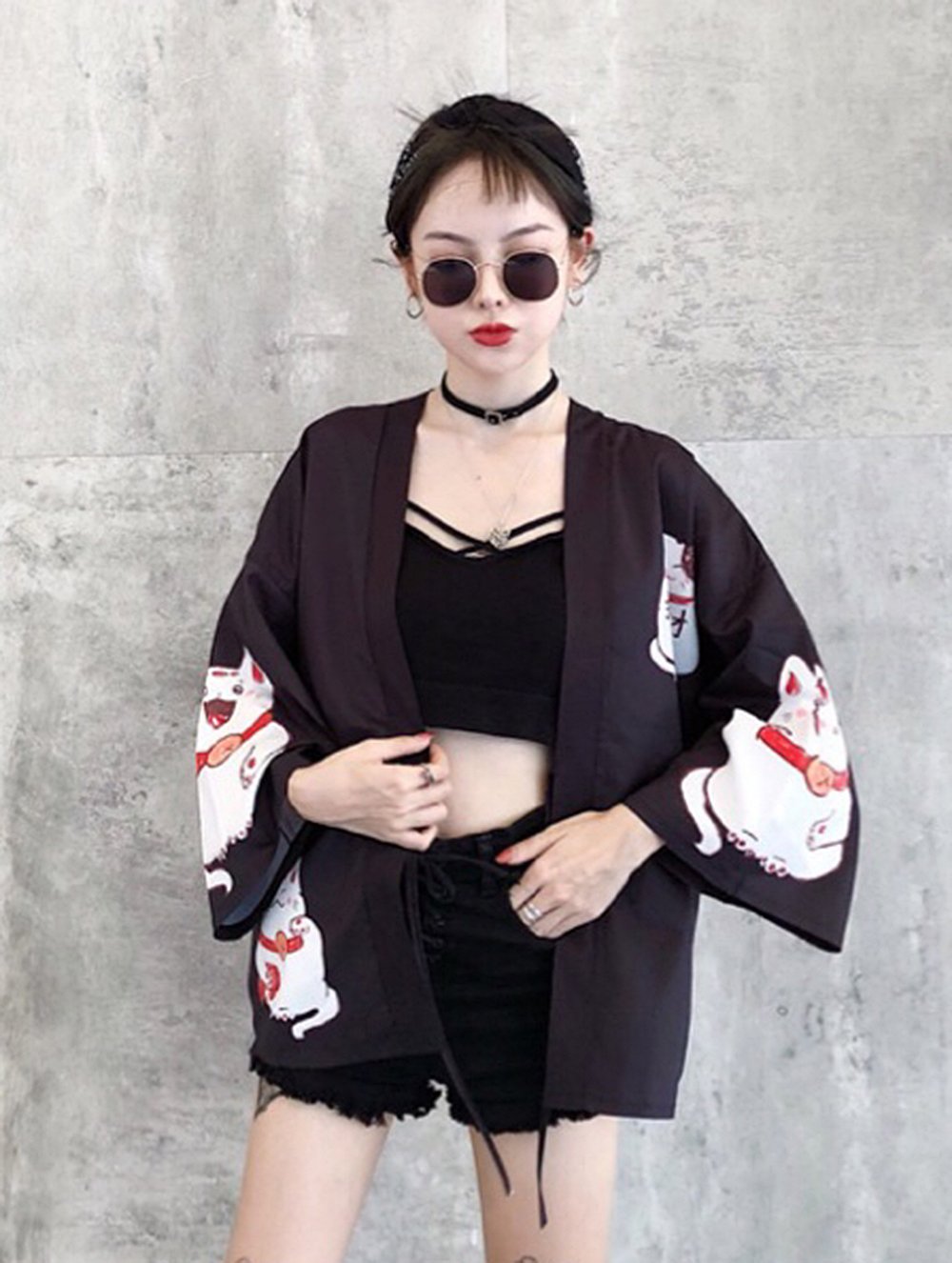 LAI MENG FIVE CATS Women's Lucky Cat Cardigan Kimono Loose Cover up Casual Blouse Cute Tops