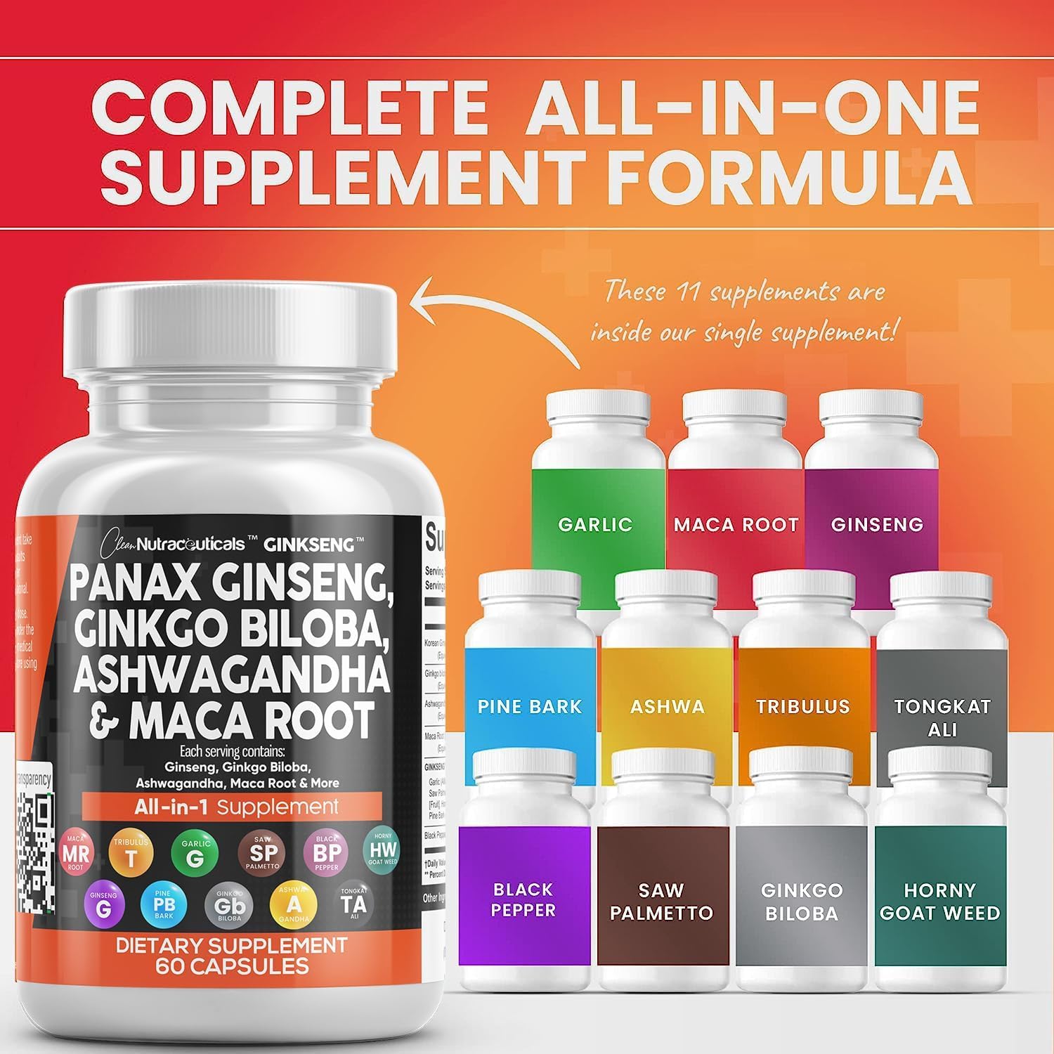 Clean Nutraceuticals Panax Ginseng Ginkgo Biloba Ashwagandha Maca Root - Focus Supplement Pills for Women and Men with Pine Bark Extract, Garlic, and Saw Palmetto - 60 Caps