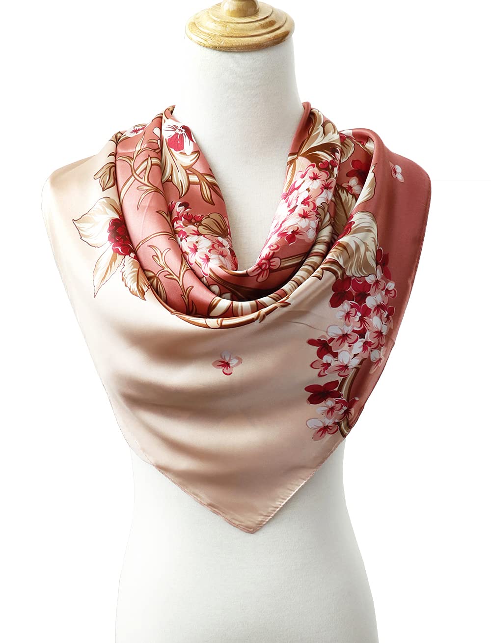 vabovin 35" Women's Kerchief Neckerchief Satin Square Silk Feeling Scarf for Hair Wrapping at Night (Pink Flowers)