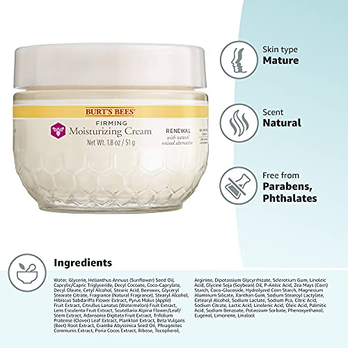 Burt's Bees Renewal Firming Face Cream, Anti-Aging Retinol Alternative, Moisturizing Natural Skin Care, 1.8 Ounce (Packaging May Vary)