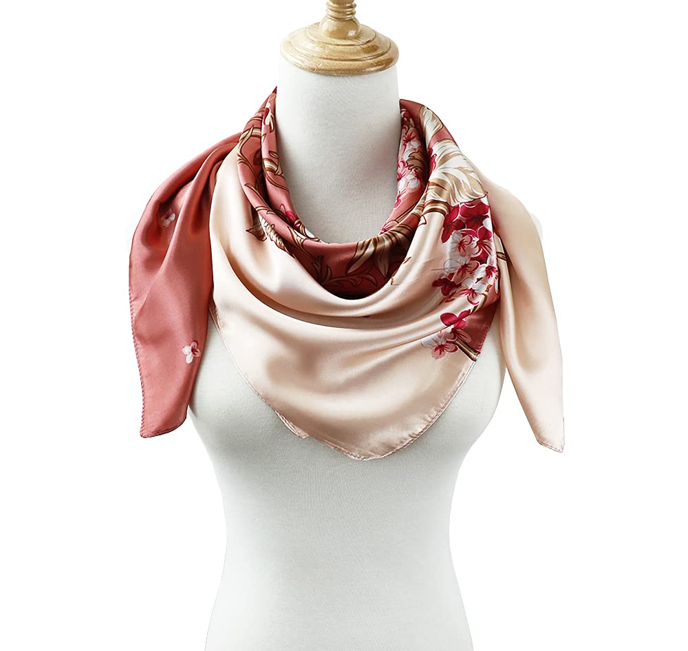 vabovin 35" Women's Kerchief Neckerchief Satin Square Silk Feeling Scarf for Hair Wrapping at Night (Pink Flowers)