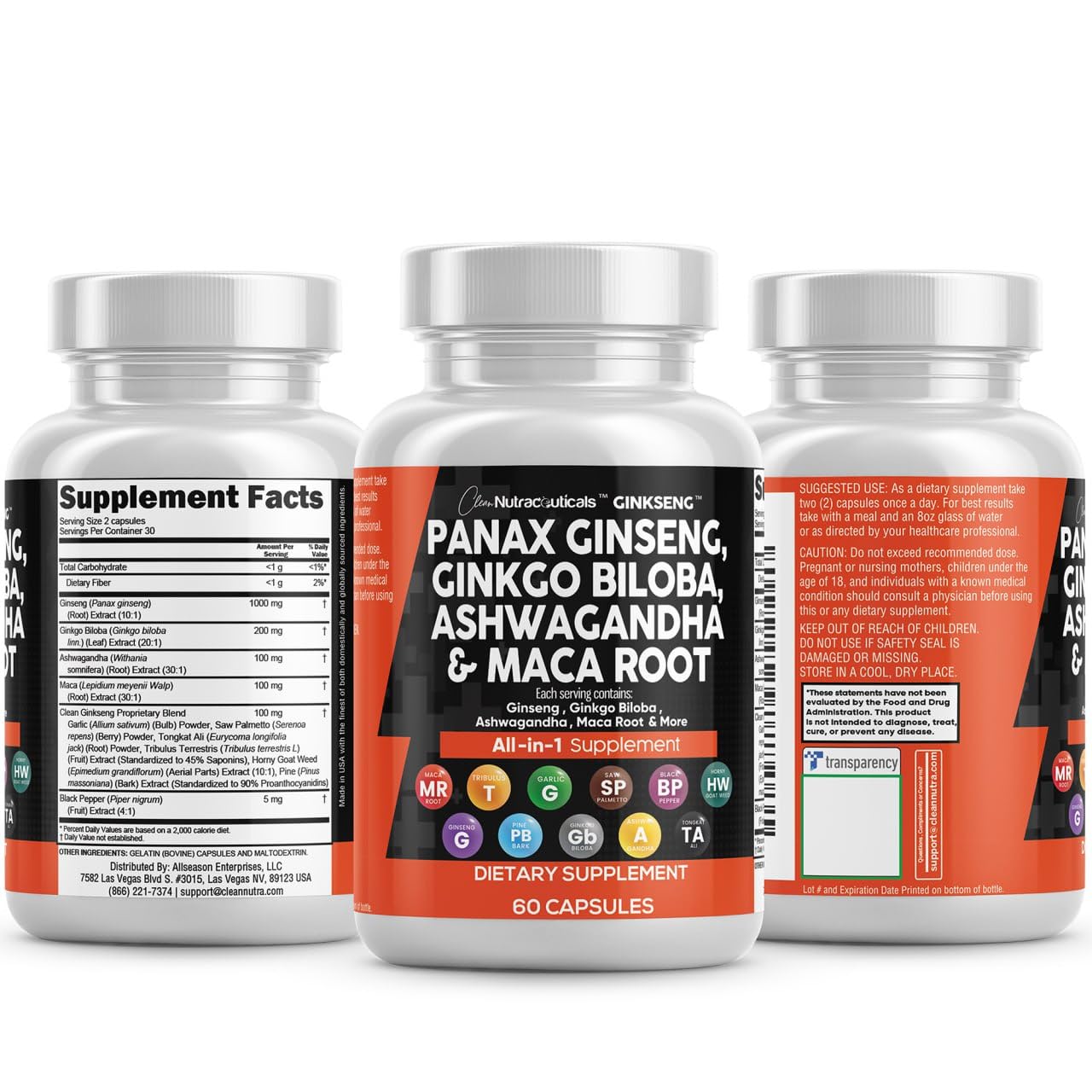 Clean Nutraceuticals Panax Ginseng Ginkgo Biloba Ashwagandha Maca Root - Focus Supplement Pills for Women and Men with Pine Bark Extract, Garlic, and Saw Palmetto - 60 Caps
