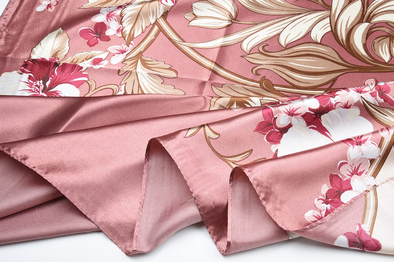 vabovin 35" Women's Kerchief Neckerchief Satin Square Silk Feeling Scarf for Hair Wrapping at Night (Pink Flowers)