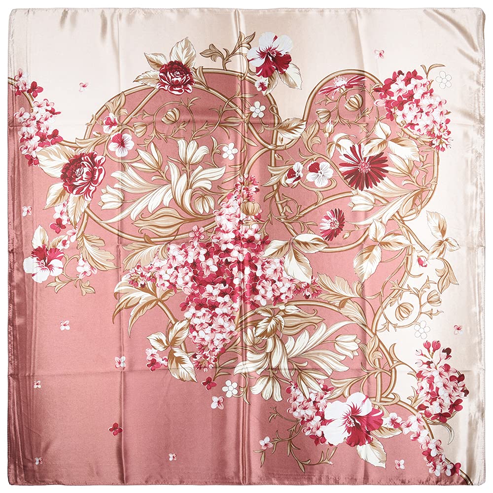 vabovin 35" Women's Kerchief Neckerchief Satin Square Silk Feeling Scarf for Hair Wrapping at Night (Pink Flowers)