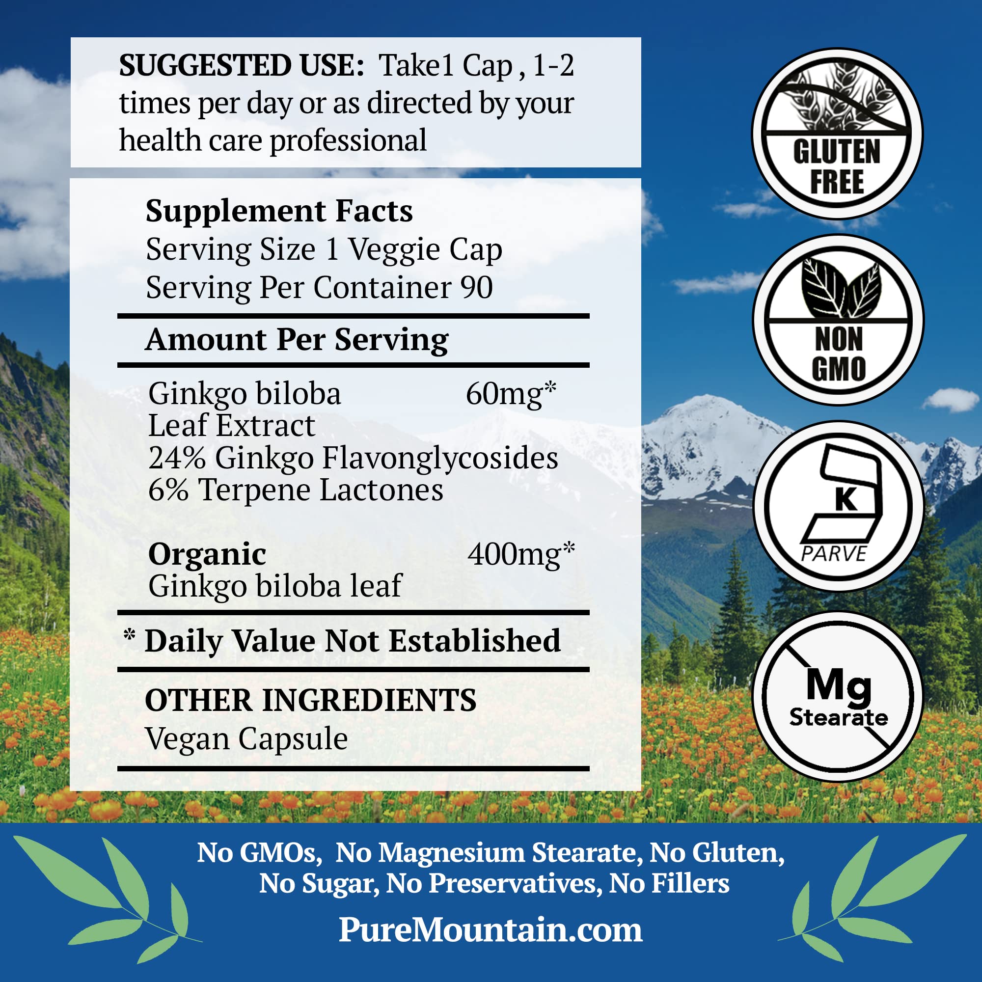 Ginkgo Biloba Capsules – Kosher Vegan Caps with 400mg Ginkgo Biloba Leaf and Ginko Extract Supplement