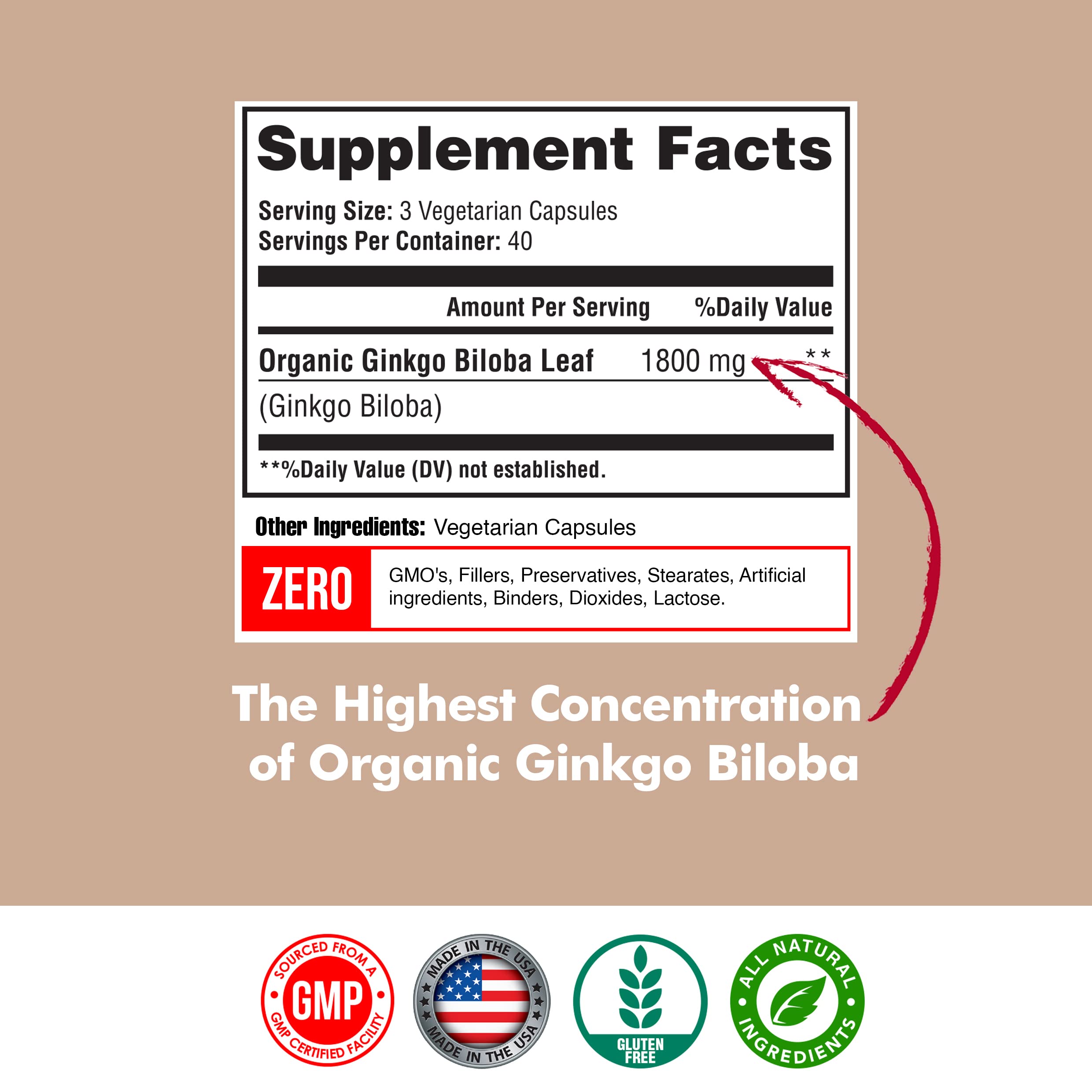 Happi Mi Nutrition Ginkgo Biloba 1800mg, Ginkgo Biloba Organic, Memory & Brain Function Support, Improves Concentration and Cognitive Support, Clarity, 120 Veggie Caps, Non GMO, 120Caps