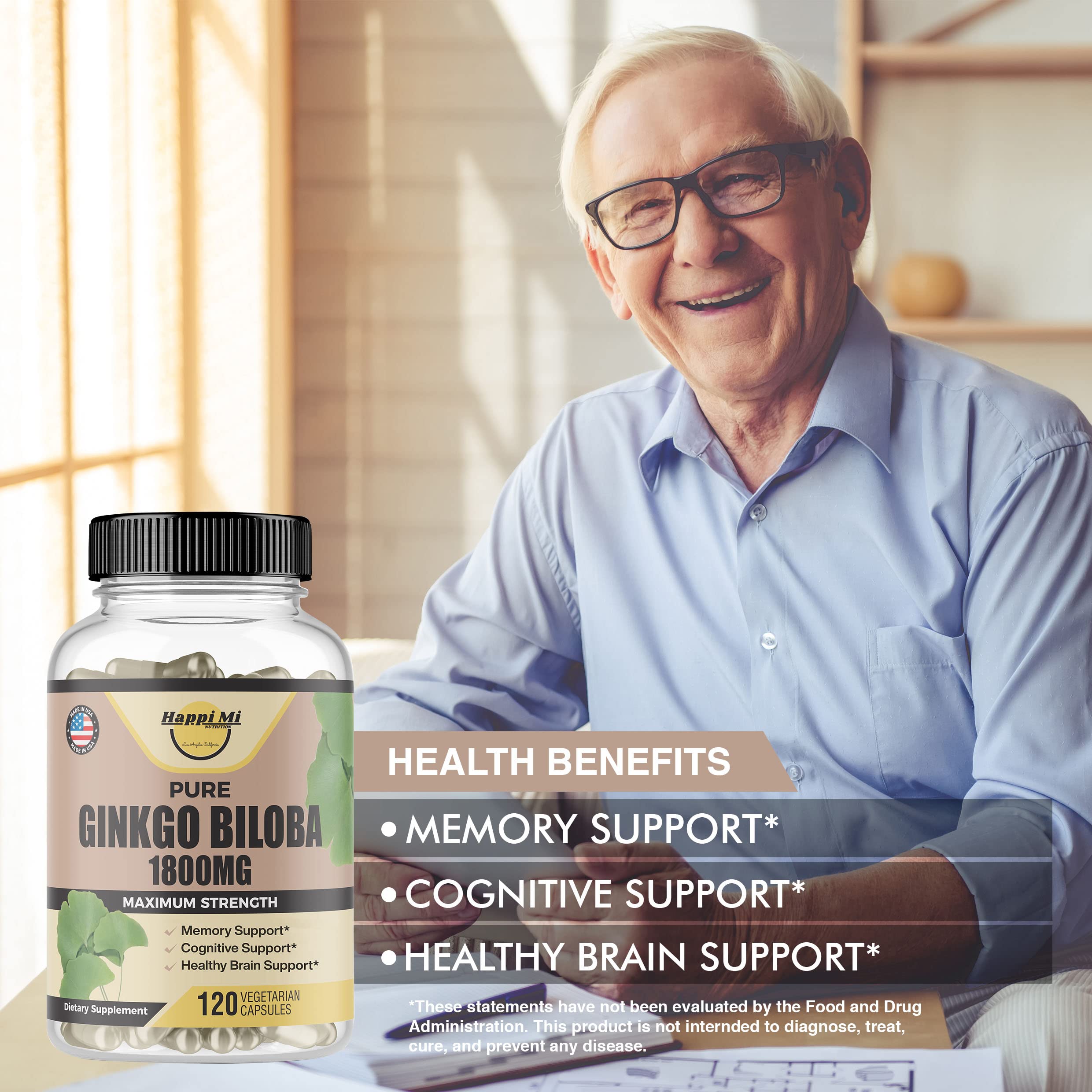 Happi Mi Nutrition Ginkgo Biloba 1800mg, Ginkgo Biloba Organic, Memory & Brain Function Support, Improves Concentration and Cognitive Support, Clarity, 120 Veggie Caps, Non GMO, 120Caps
