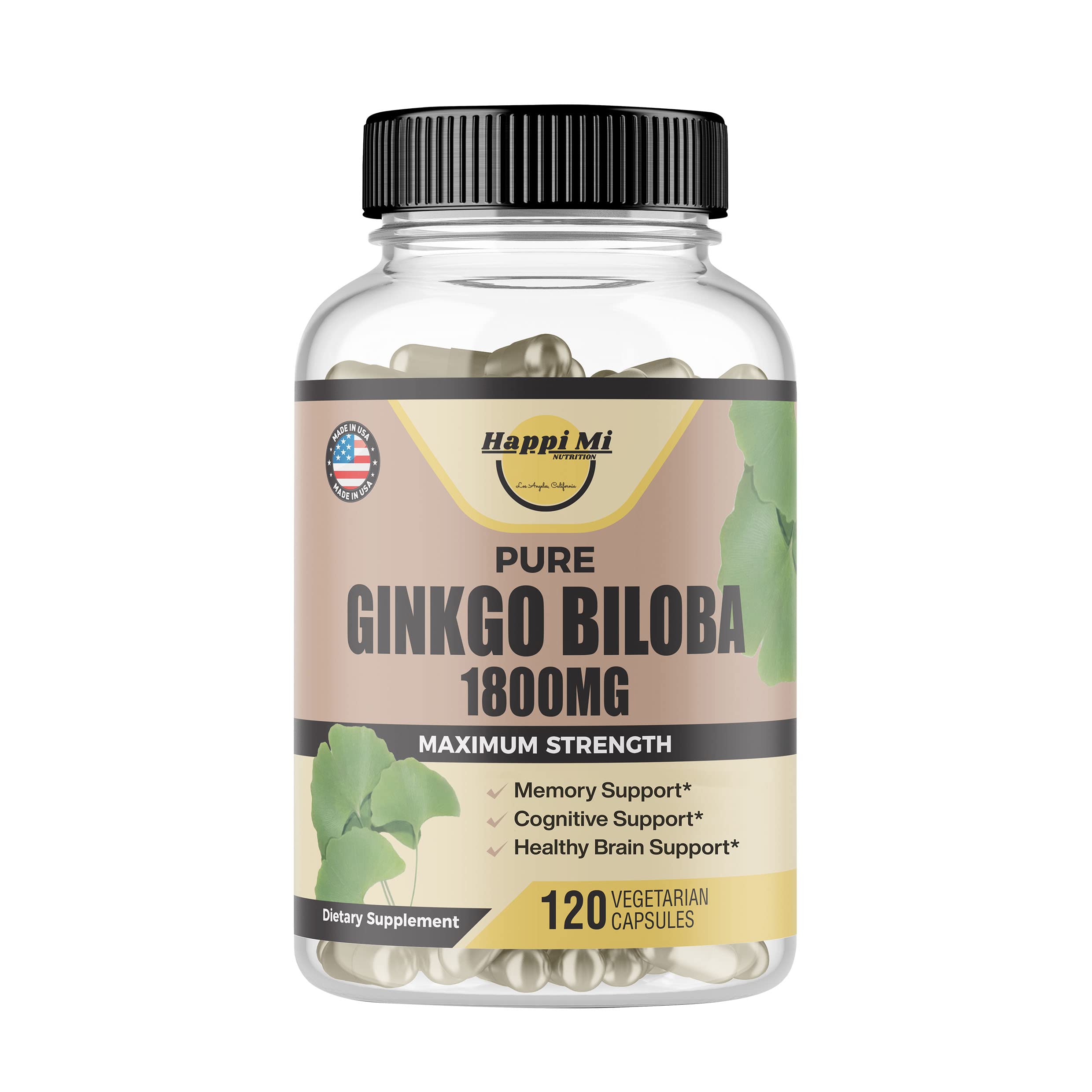 Happi Mi Nutrition Ginkgo Biloba 1800mg, Ginkgo Biloba Organic, Memory & Brain Function Support, Improves Concentration and Cognitive Support, Clarity, 120 Veggie Caps, Non GMO, 120Caps