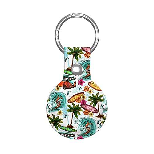 Hawaiian Surfer Retro Palm Trees Flowers Leather AirTag Case Compatible with Apple AirTag, 1-Pack Keychain Anti-Scratch Protective Skin Cover for Dogs Keys Backpack (2021)