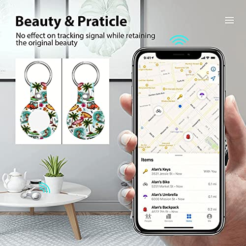 Hawaiian Surfer Retro Palm Trees Flowers Leather AirTag Case Compatible with Apple AirTag, 1-Pack Keychain Anti-Scratch Protective Skin Cover for Dogs Keys Backpack (2021)