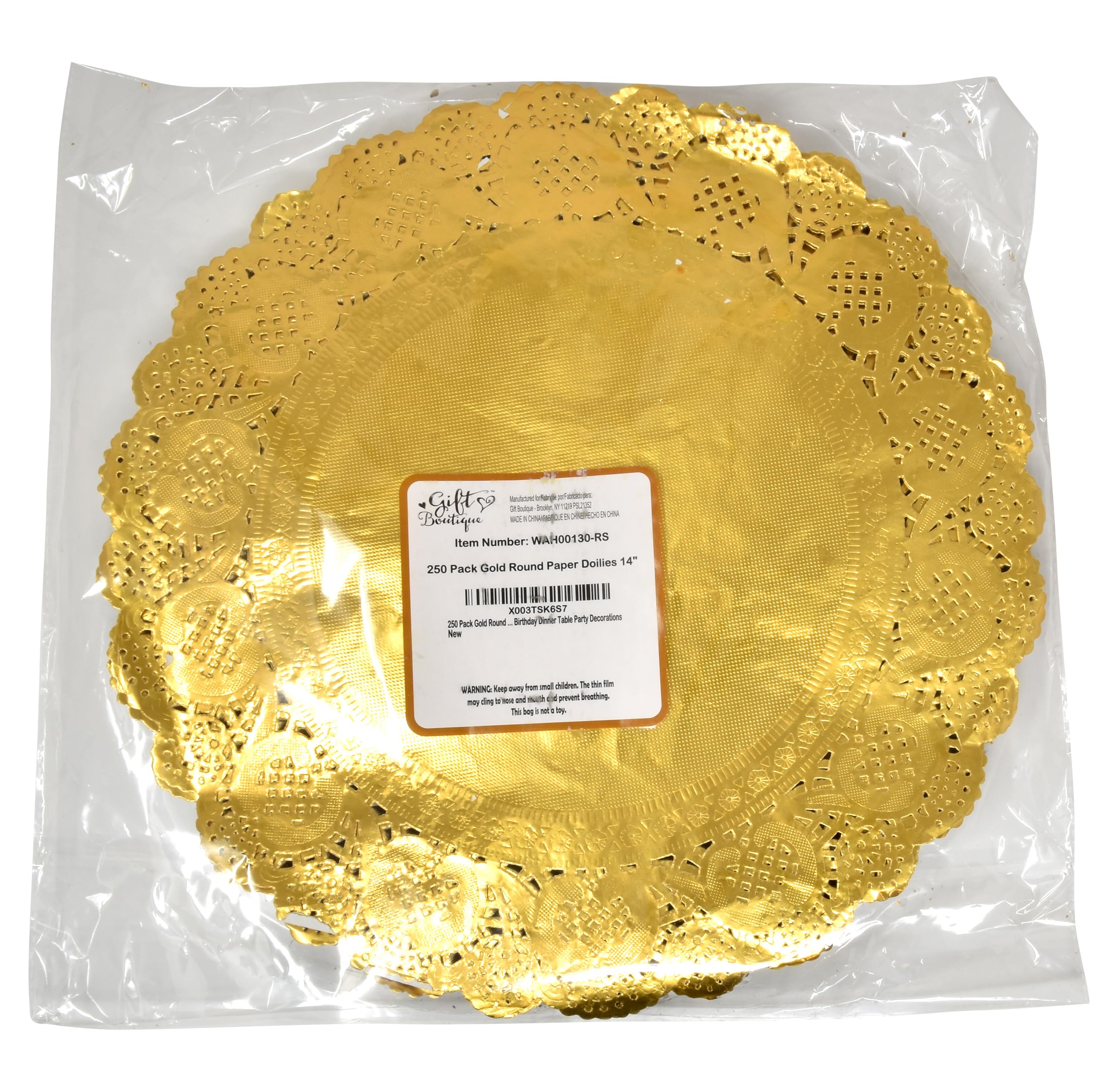 Gift Boutique 250 Gold Doilies Round Paper Place Mats 14" Disposable Metallic Golden Foil Lace Scallop Doily for Cakes Desserts Wedding