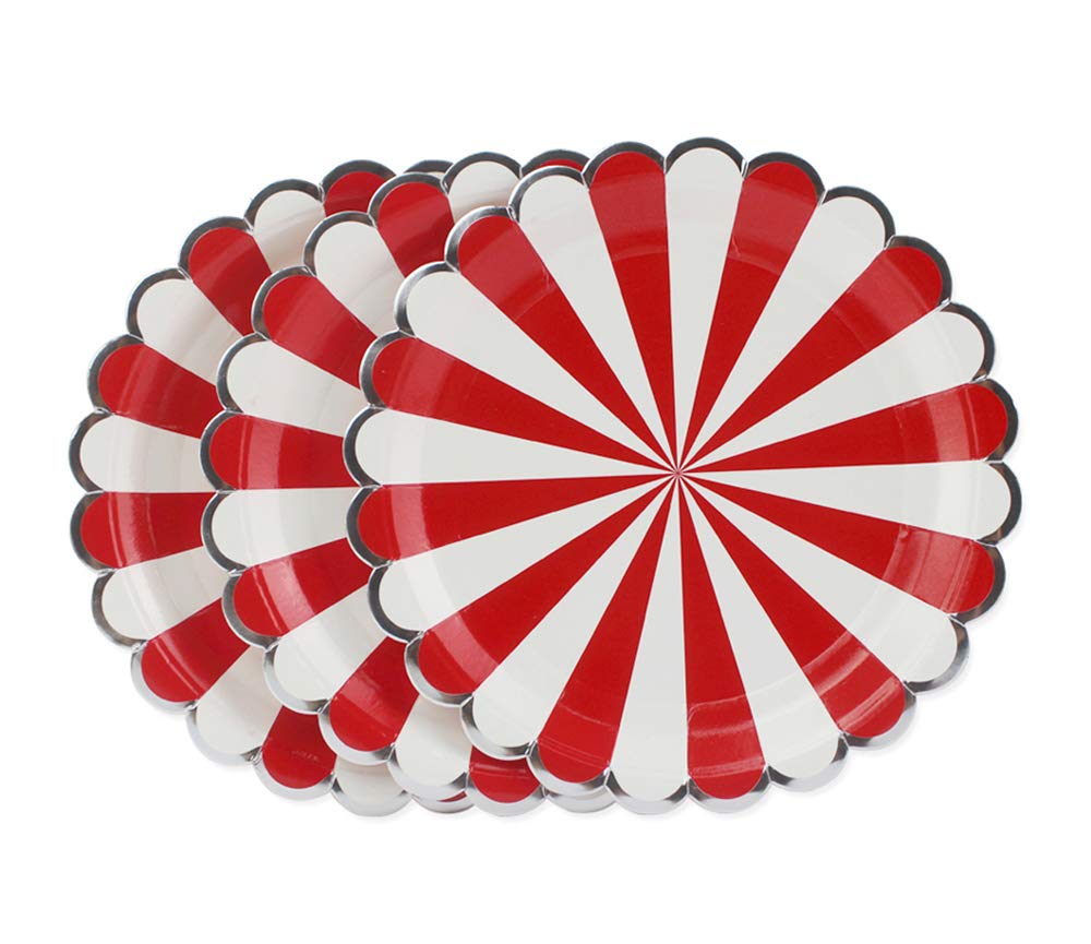 AMYESE Red Striped Round Paper Plates - 9 inch 24 Count Biodegradable Decorative Plates for Birthday Party, Holiday Celebration, Christmas, Graduation, Thanksgiving