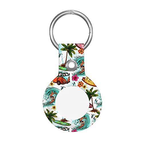 Hawaiian Surfer Retro Palm Trees Flowers Leather AirTag Case Compatible with Apple AirTag, 1-Pack Keychain Anti-Scratch Protective Skin Cover for Dogs Keys Backpack (2021)