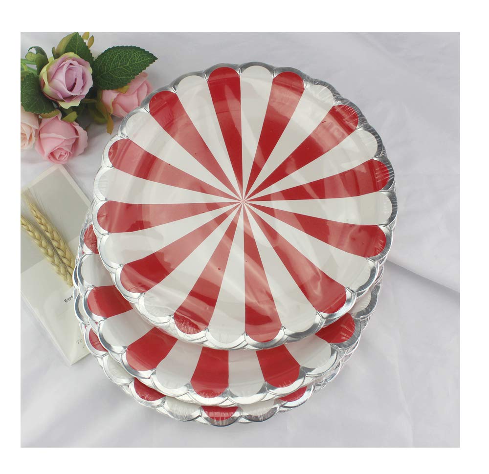 AMYESE Red Striped Round Paper Plates - 9 inch 24 Count Biodegradable Decorative Plates for Birthday Party, Holiday Celebration, Christmas, Graduation, Thanksgiving