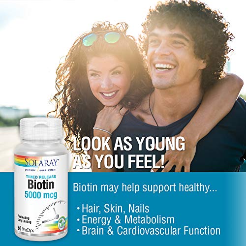 SOLARAY Biotin 5000 mcg | Timed Release | Fast-Acting, Long-Lasting Healthy Hair, Skin & Nails Support | 60 VegCaps