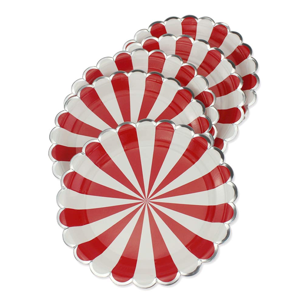 AMYESE Red Striped Round Paper Plates - 9 inch 24 Count Biodegradable Decorative Plates for Birthday Party, Holiday Celebration, Christmas, Graduation, Thanksgiving